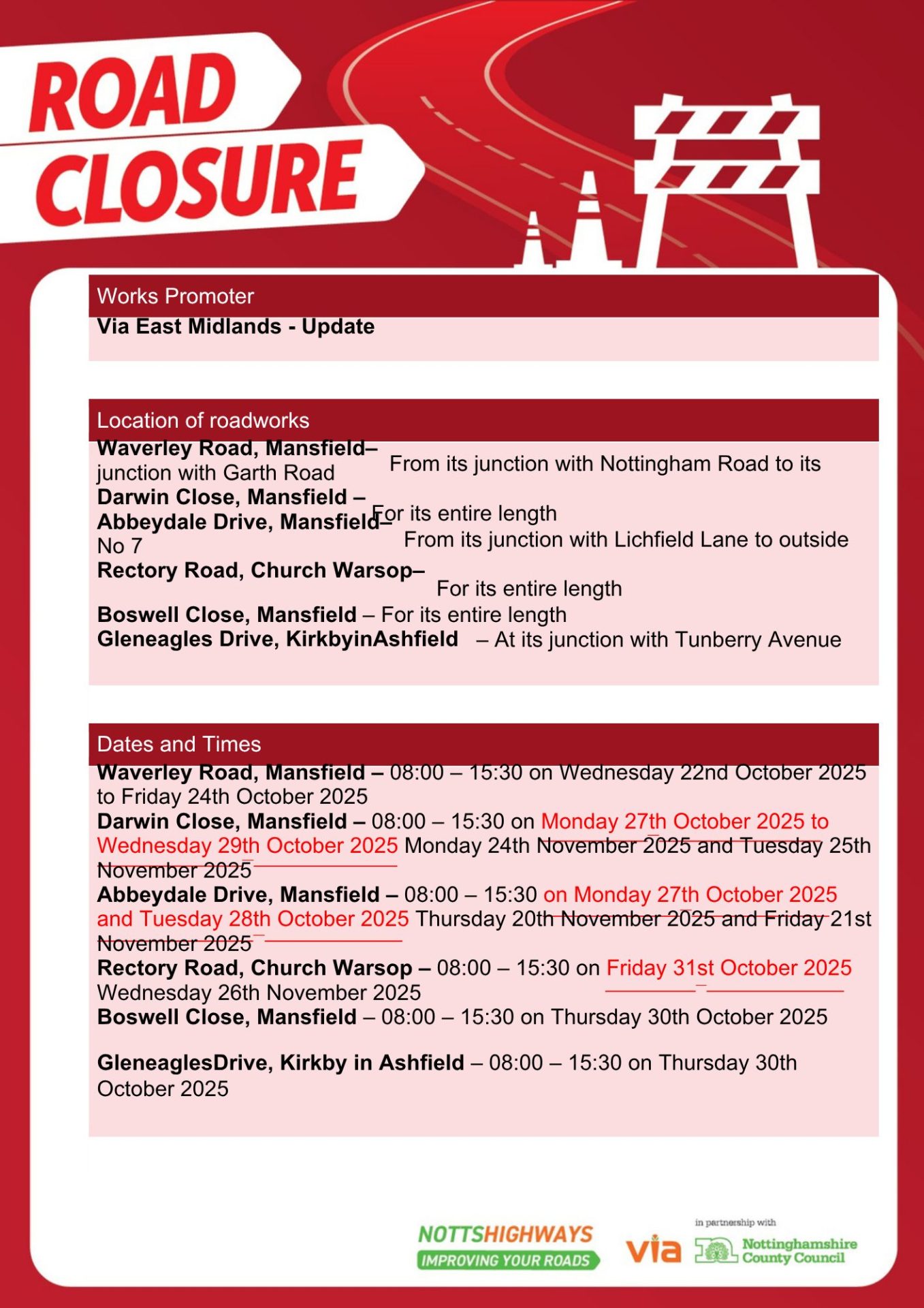 Road Closure Bulletin – Warsop Parish Council